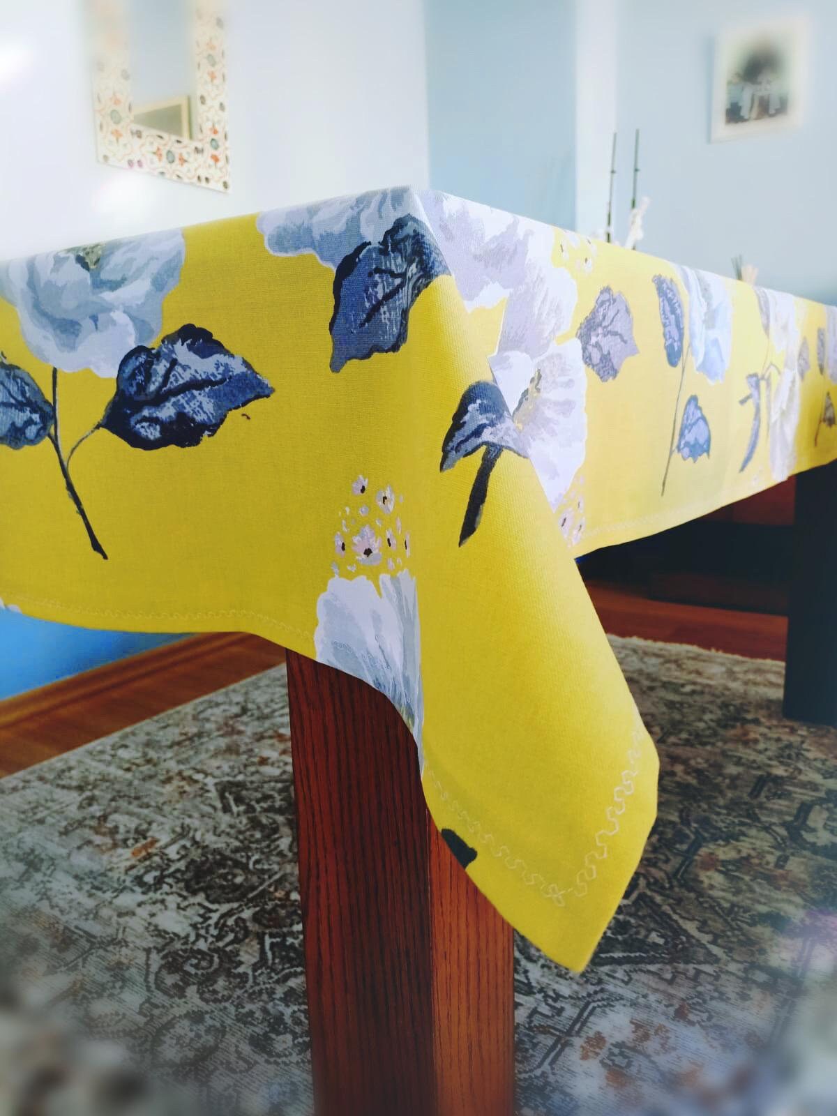 Yellow Table Linen With Grey and Pink Large Flowers, Handmade in Turkey ...