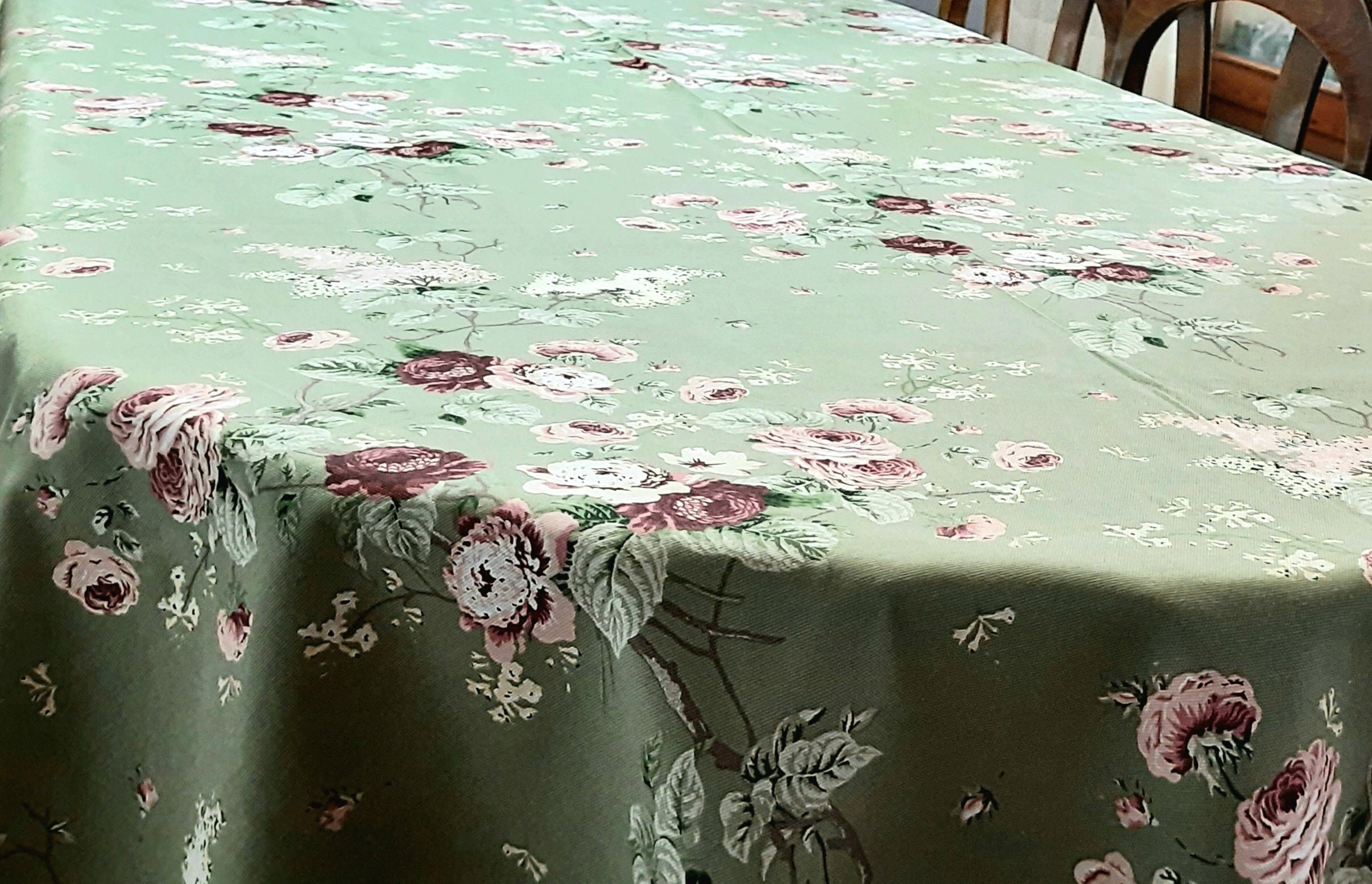 Nile Green Roses Print Table Linen in Custom Sizes, Spring Tablecloth ...