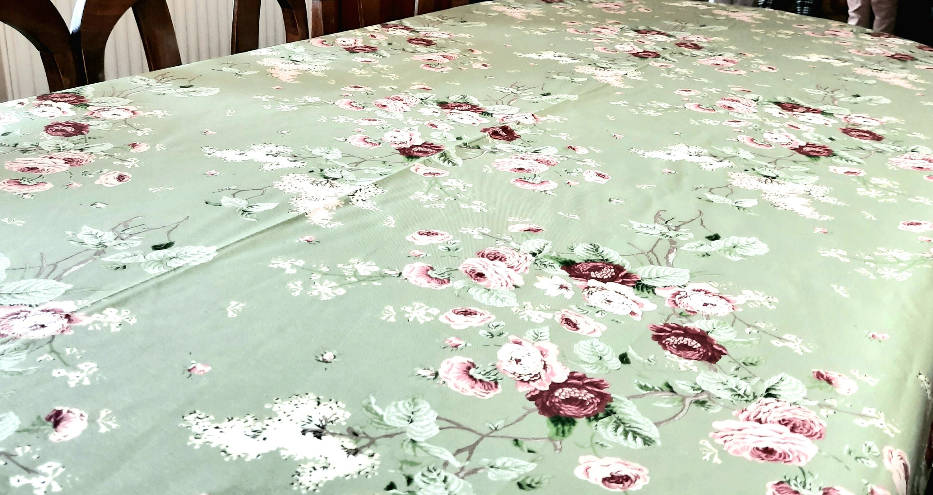 Nile Green Roses Print Table Linen in Custom Sizes, Spring Tablecloth ...