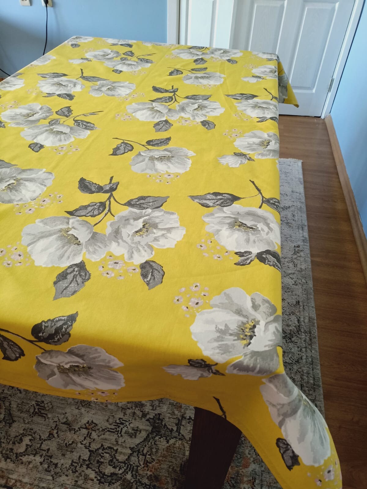 Yellow Table Linen With Grey and Pink Large Flowers, Handmade in Turkey ...