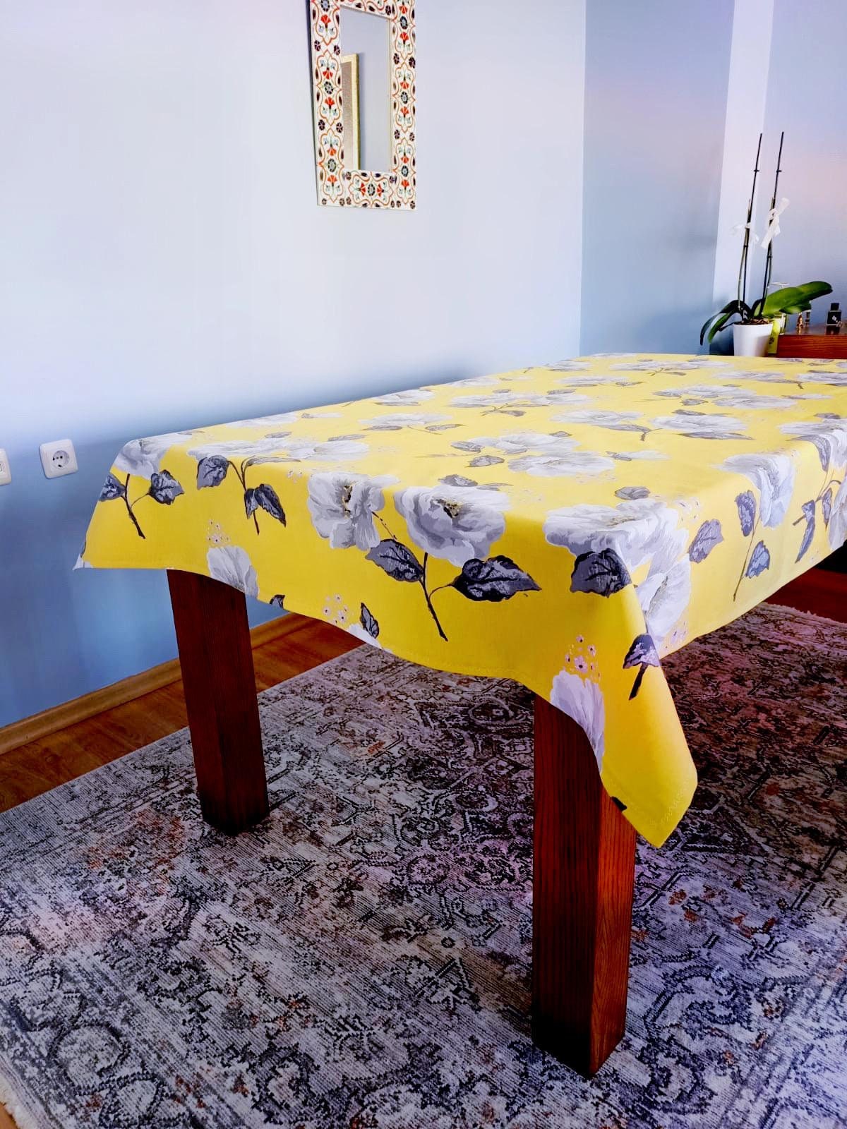 Yellow Table Linen With Grey and Pink Large Flowers, Handmade in Turkey ...