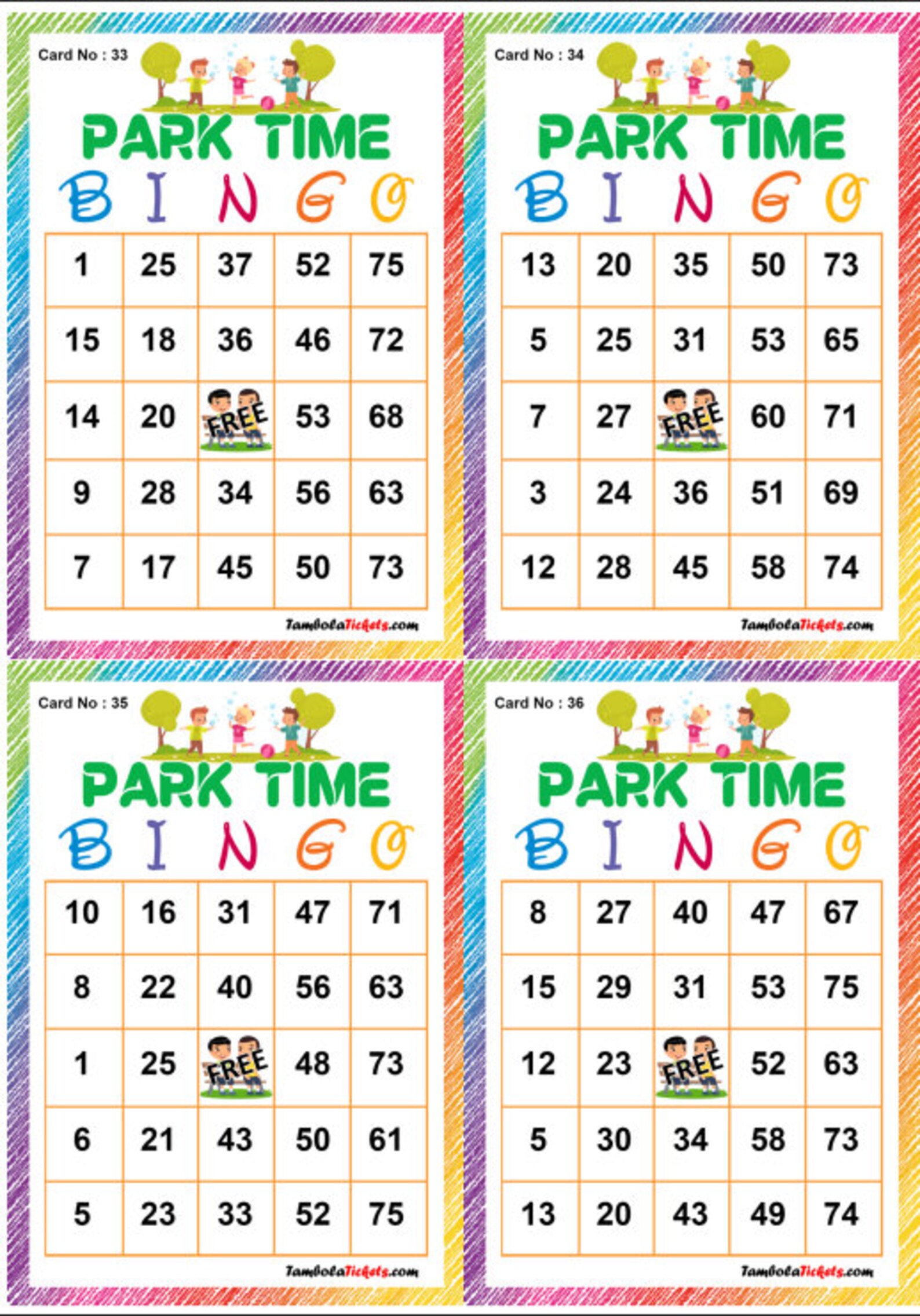 Park Time Theme Bingo Cards Tickets | 150 Tickets Set | 75 Ball Bingo ...