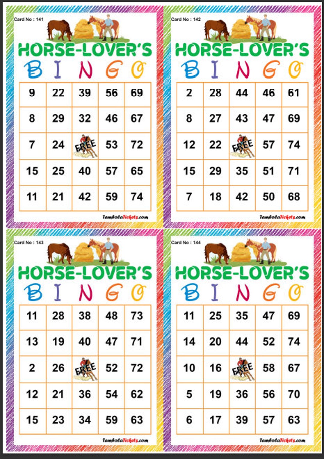 Horse Lover's Theme Bingo Cards Tickets | 150 Cards | 150 Tickets | 75 ...