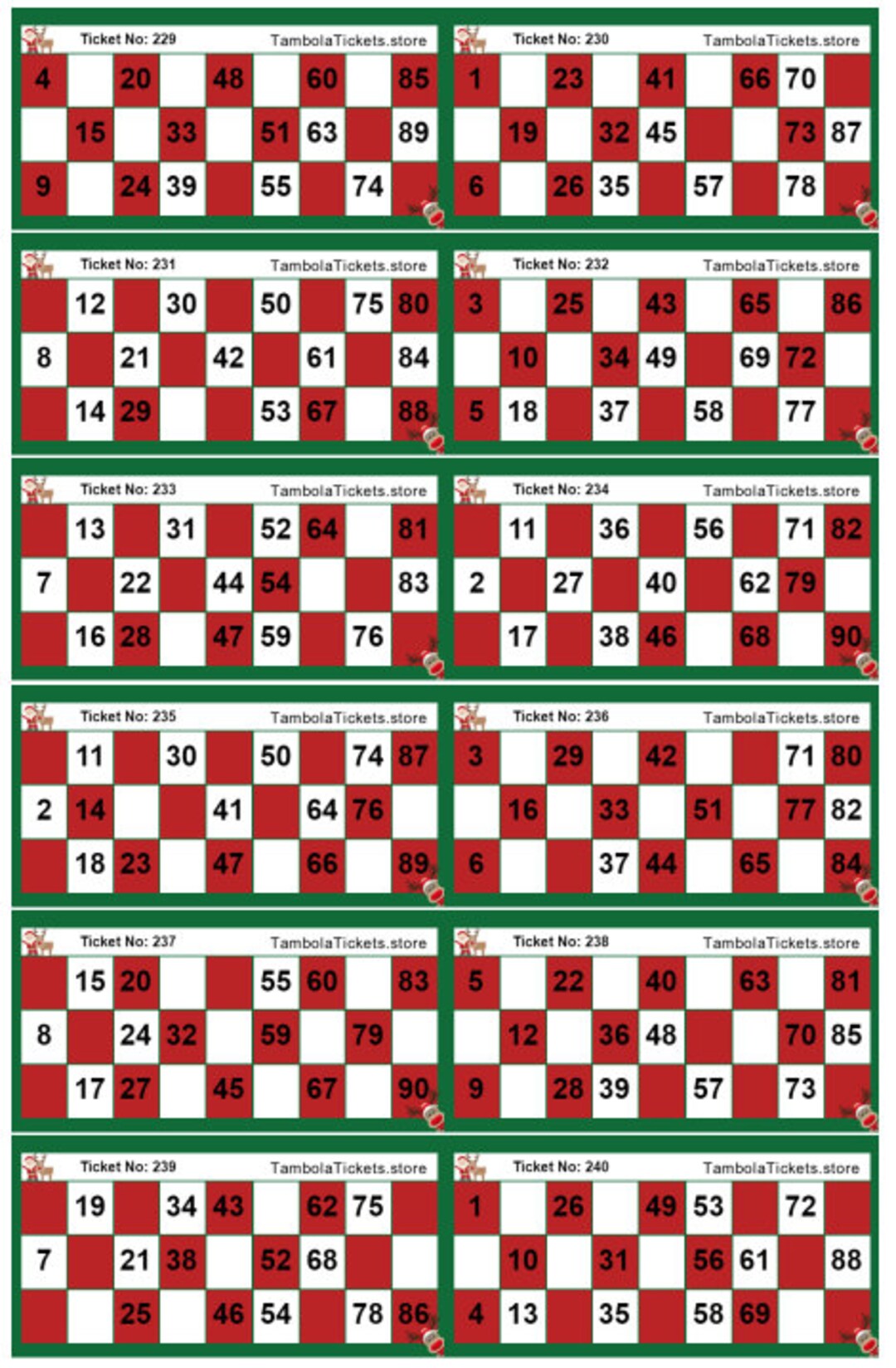 Christmas Theme Tambola Tickets | 400 Tickets Set | 12 Tickets per Page ...
