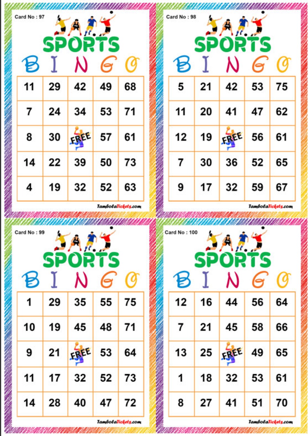 Sports Theme Bingo Cards Tickets | 150 Tickets Set | 75 Ball Bingo ...