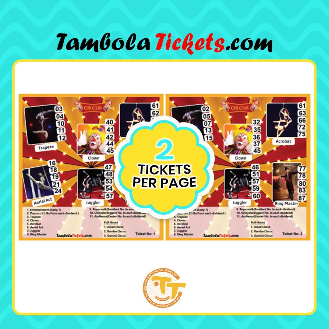 Circus Theme Tambola Tickets - 48 Unique Printable Housie Tickets | 1 ...