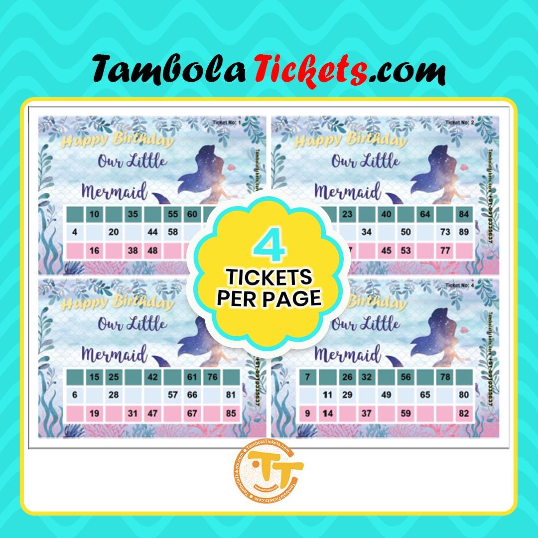 Mermaid Theme Birthday Tambola Tickets - 48 Unique Tickets | 1-90 ...