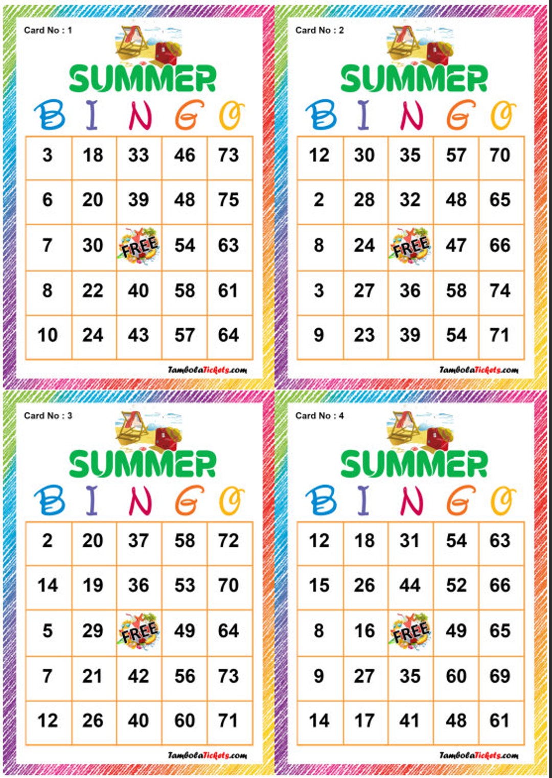 Summer Theme Bingo Cards Tickets | 150 Tickets Set | 75 Ball Bingo ...