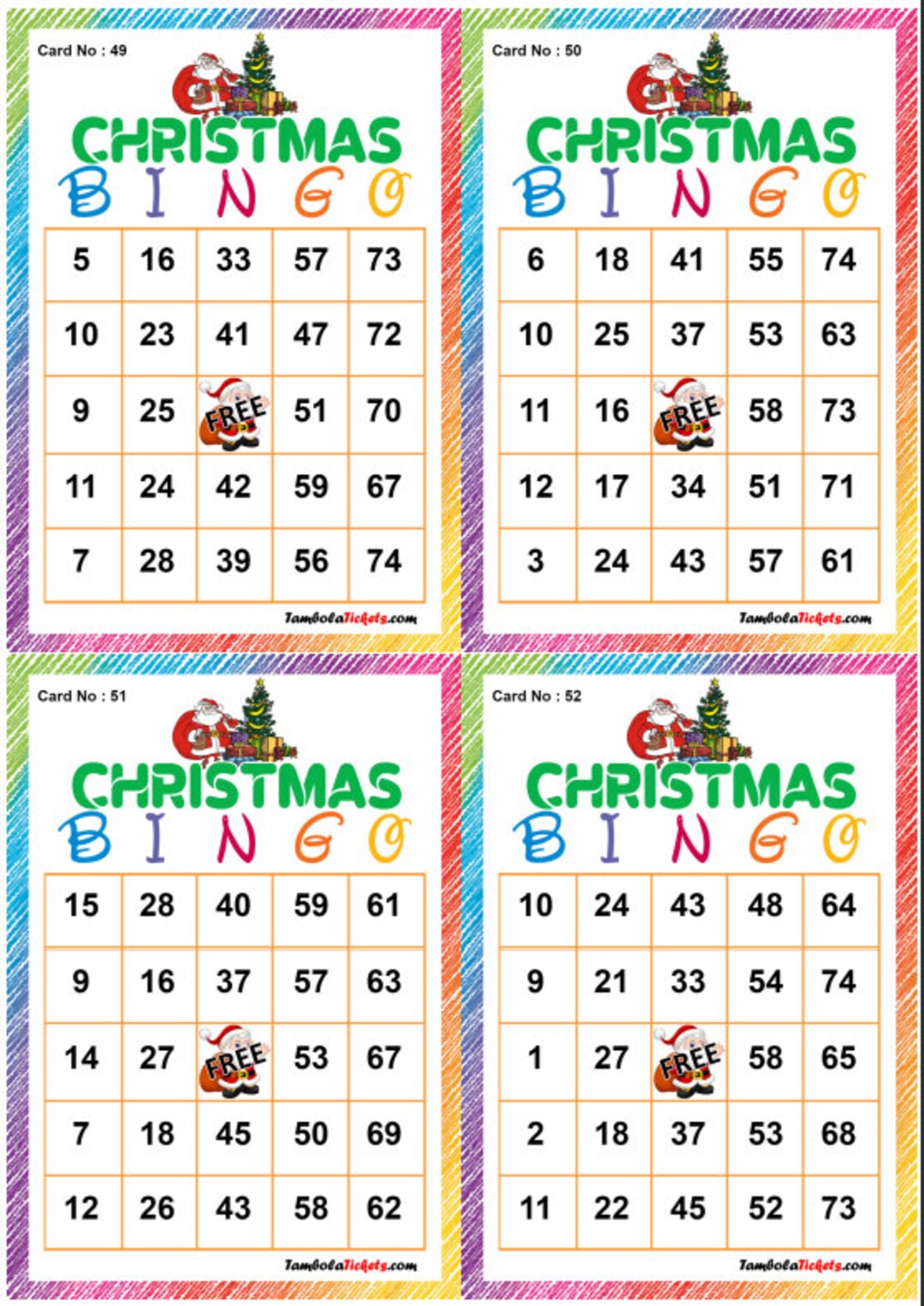 Merry Christmas Theme Bingo Cards Tickets | 150 Bingo Cards | All ...