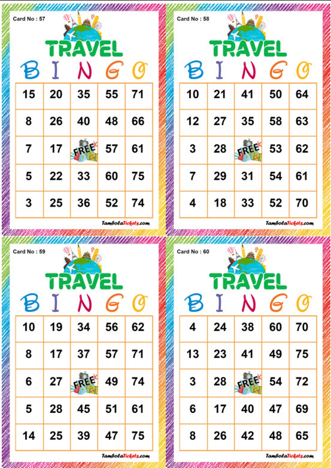 Travel Theme Bingo Cards Tickets | 150 Tickets Set | 75 Ball Bingo ...