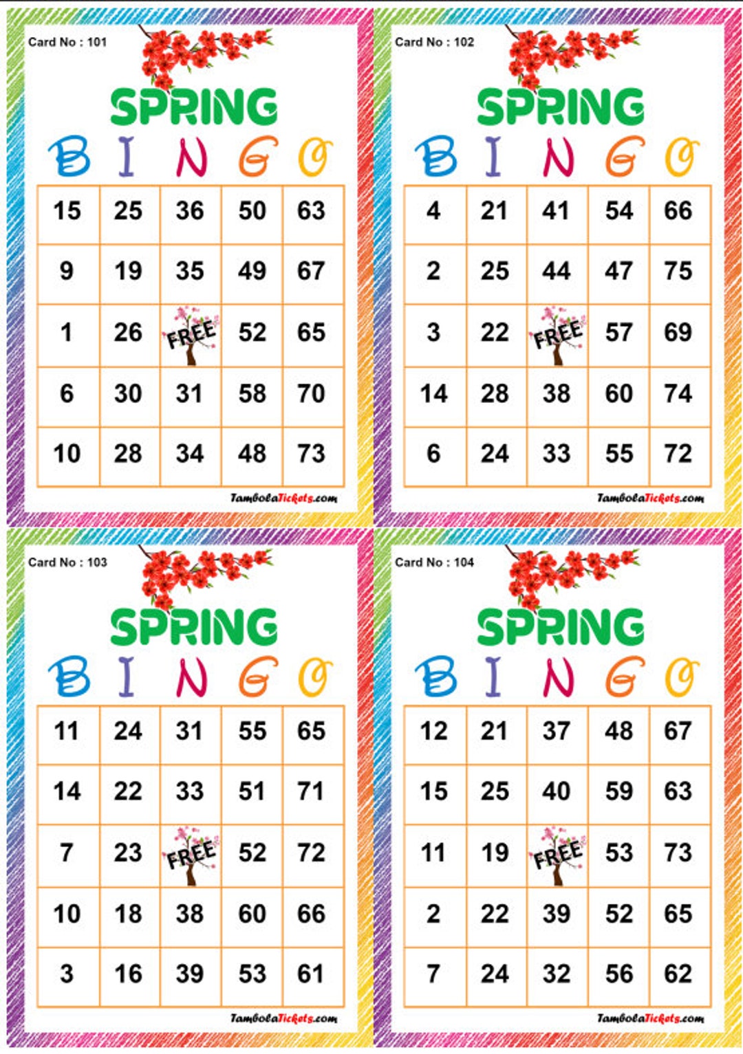 Spring Theme Bingo Cards Tickets | 150 Tickets Set | 75 Ball Bingo ...