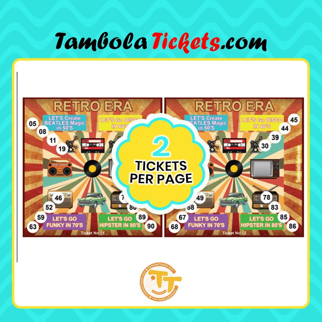 Retro Era Tambola Tickets – 50s 60s 70s 80s Theme Housie | Printable ...