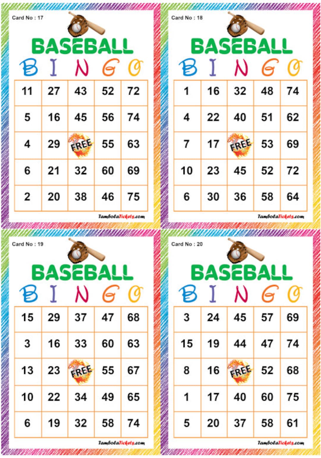 Baseball Theme Bingo Cards Tickets | 150 Tickets Set | 75 Ball Bingo ...