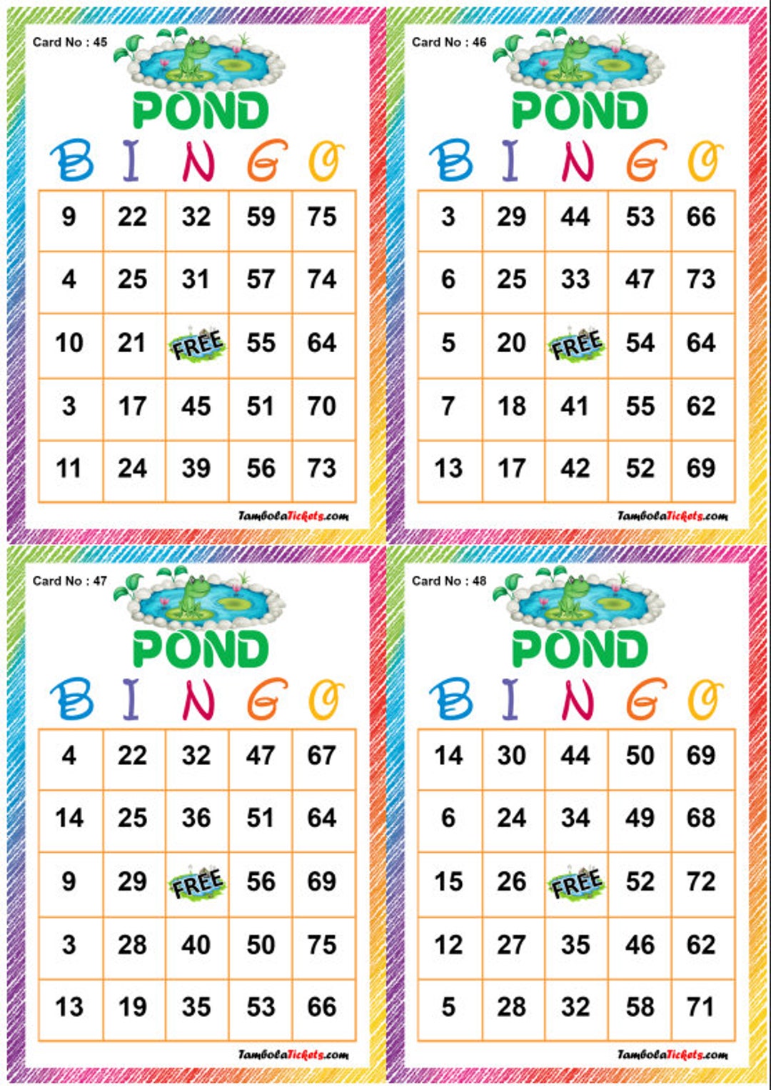 Pond Theme Bingo Cards Tickets | 150 Tickets Set | 75 Ball Bingo ...