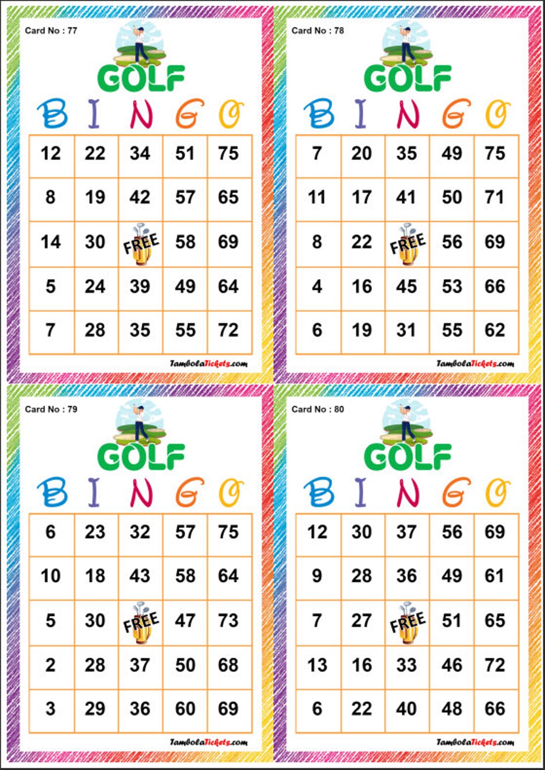 Golf Theme Bingo Cards Tickets | 150 Bingo Cards | All Unique | 75 Ball ...