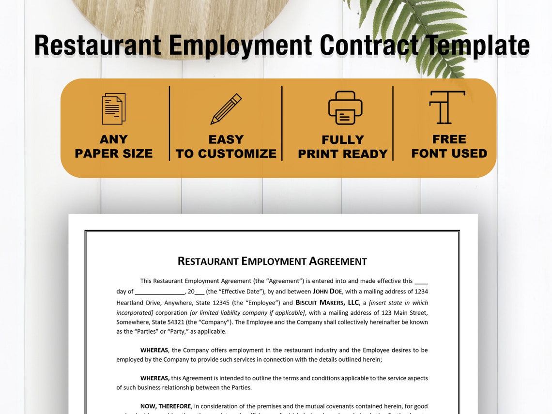 Restaurant Employment Contract Template | Bartender | Food Service ...