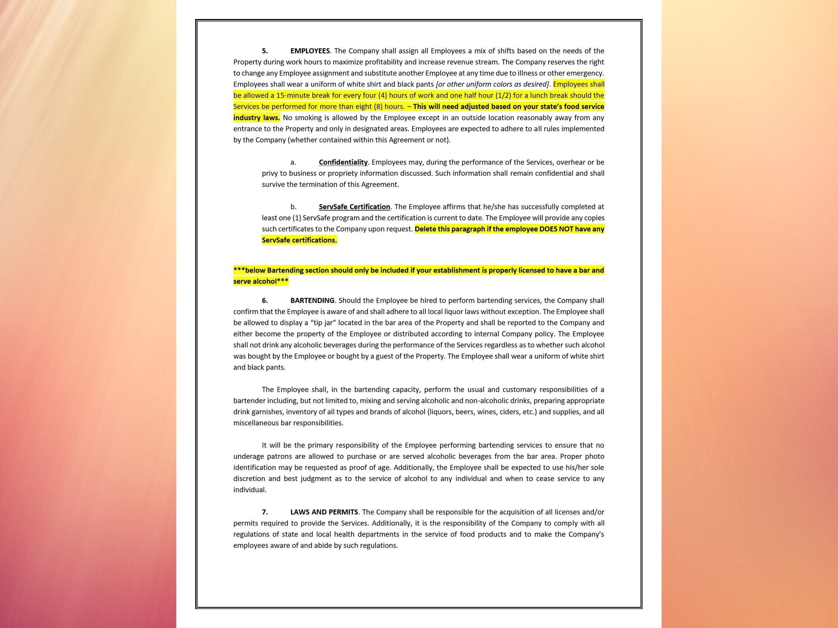 Restaurant Employment Contract Template Bartender Food Service Catering ...