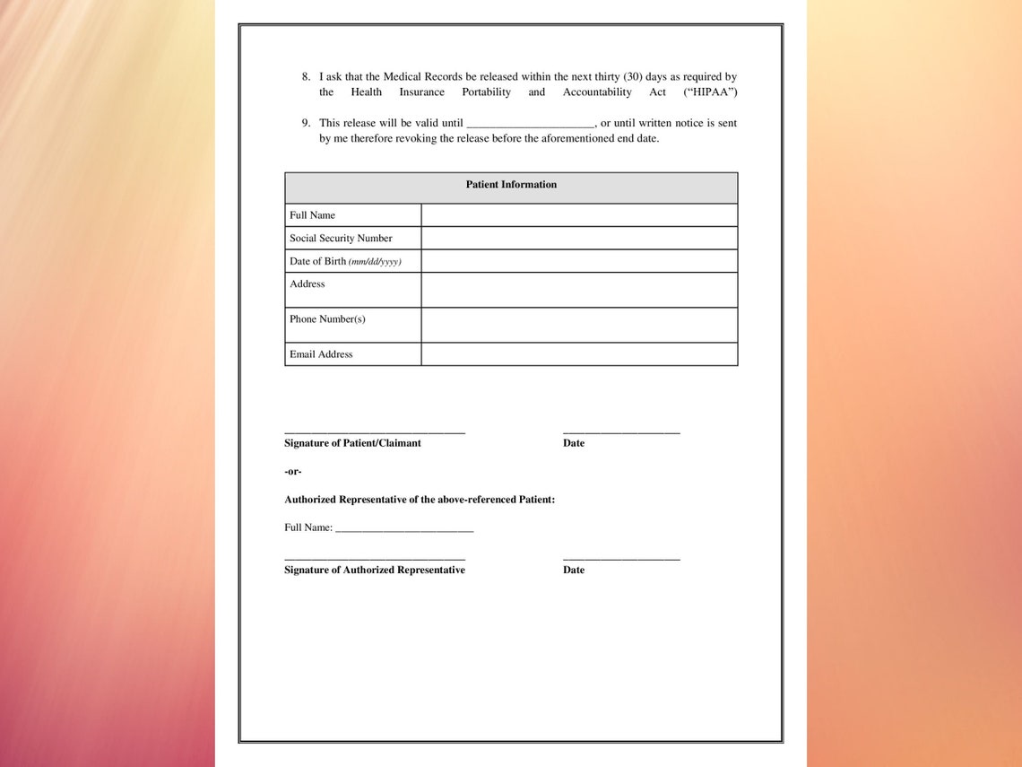 HIPAA Compliant Release Form Template Medical Records Template Records ...