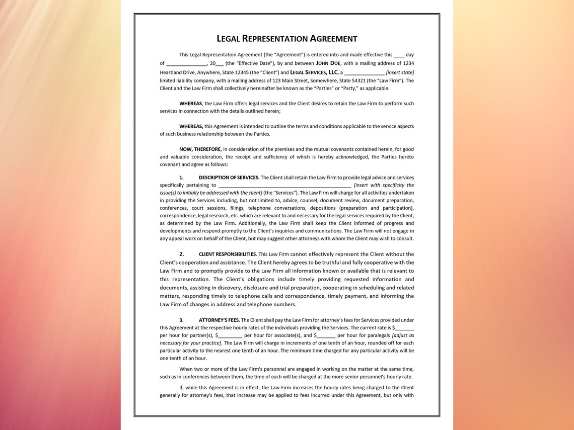 Legal Representation Agreement Template Lawyer Attorney Legal ...