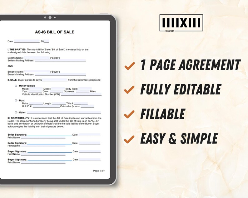 As-is (no Warranty) Bill of Sale Form Template for Vehicles, Bikes ...