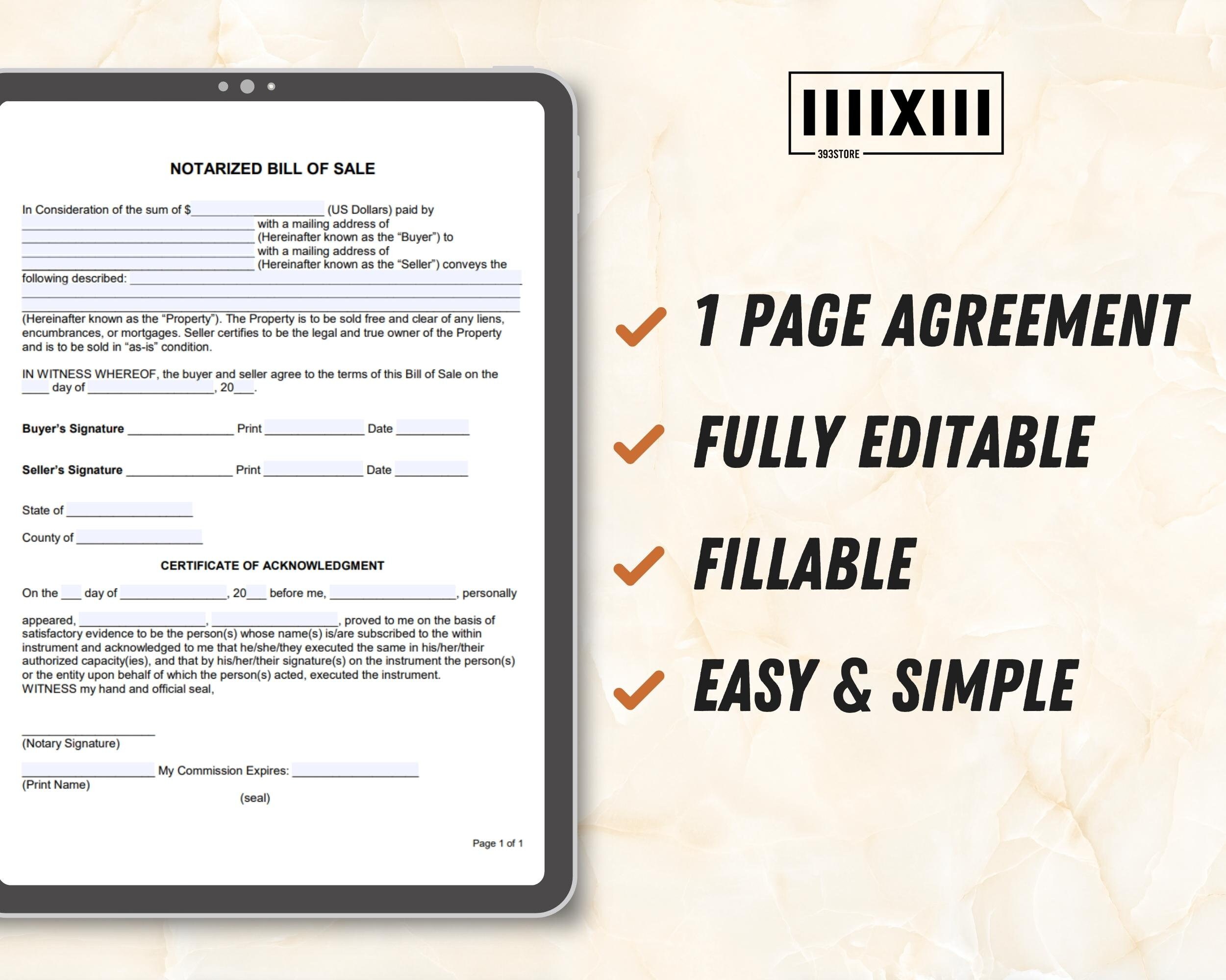 Notarized Bill of Sale Form for Legal Transfer of Personal Property ...