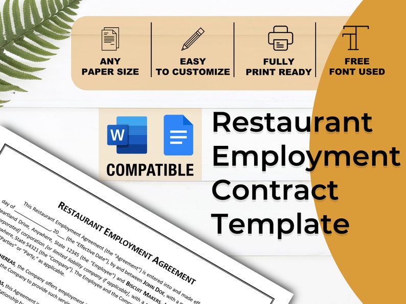 Restaurant Employment Contract Template Bartender Food | Etsy