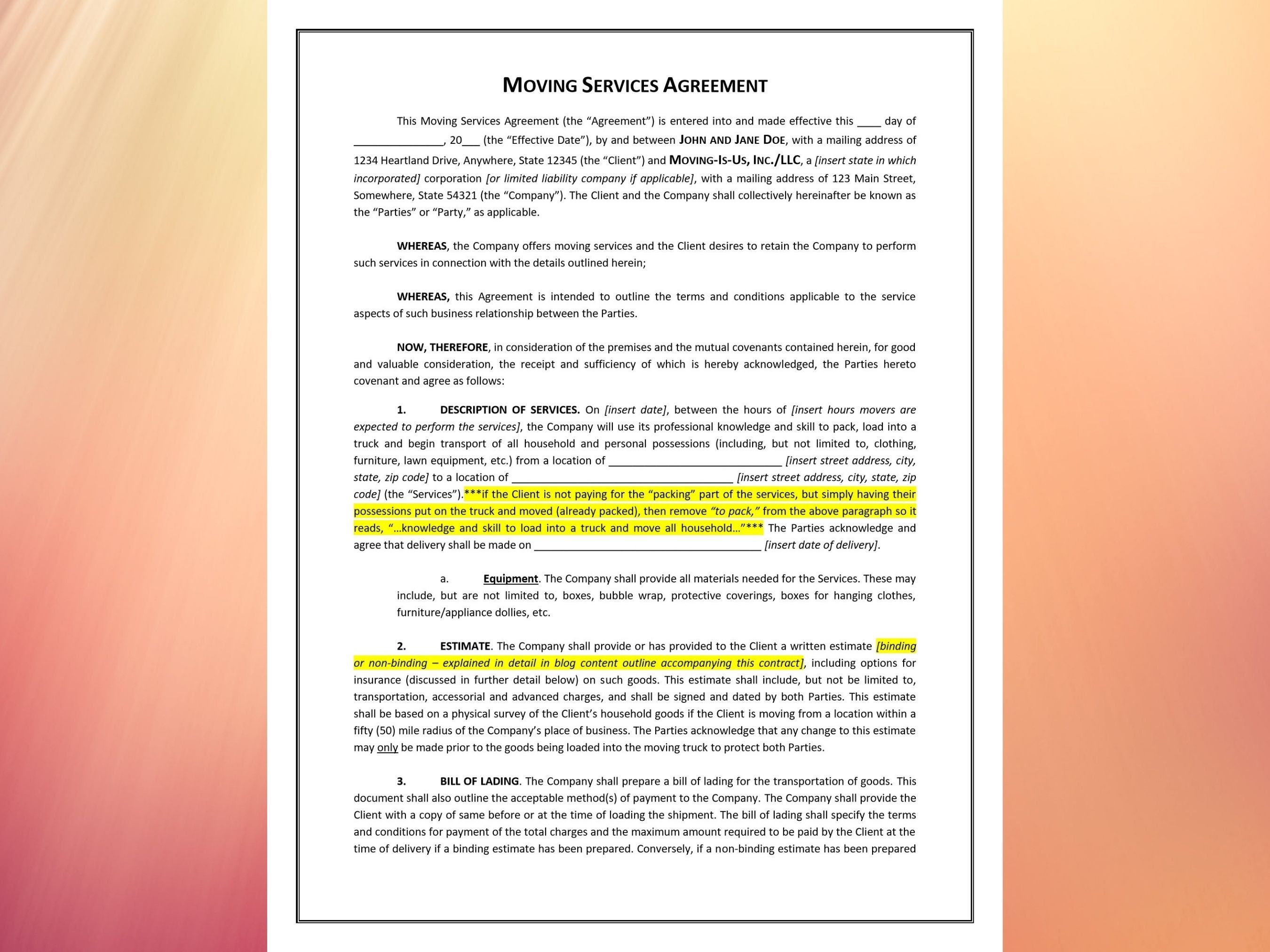 Moving Agreement Template | Relocation Agreement | Home Moving | New ...