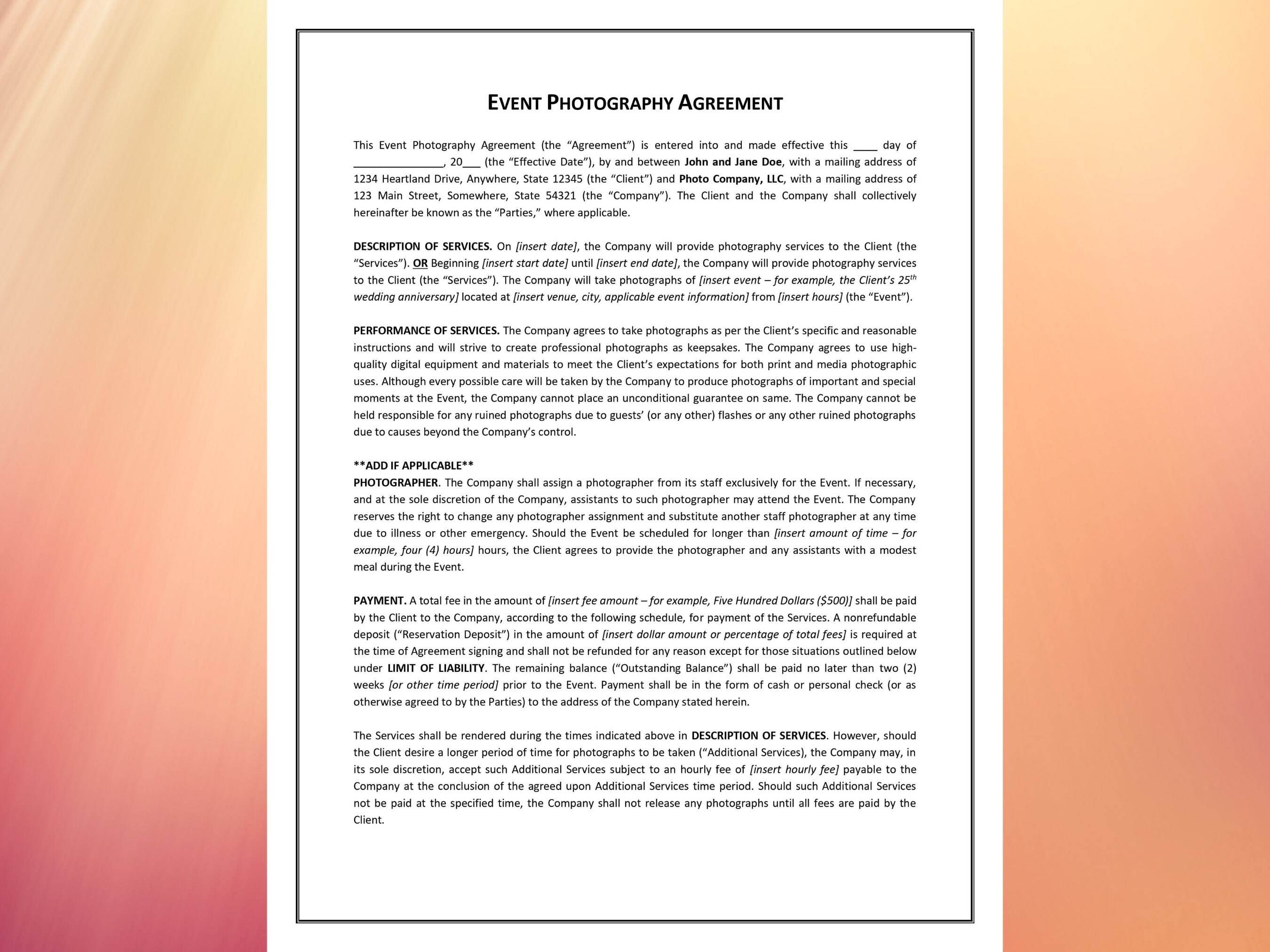 Event Photography Contract Template Event Contract Planner | Etsy