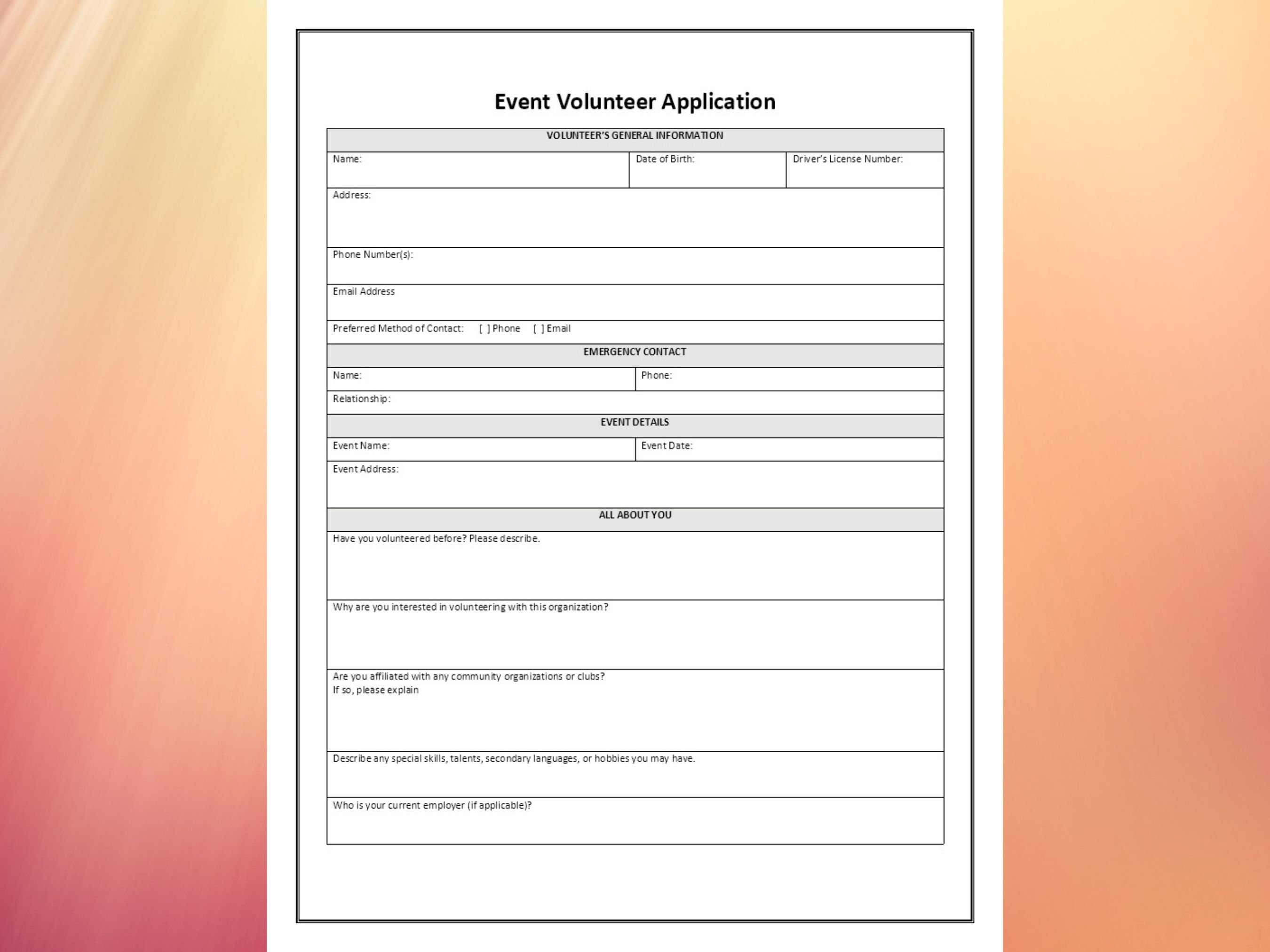 Event Volunteer Application Template New Volunteer | Etsy