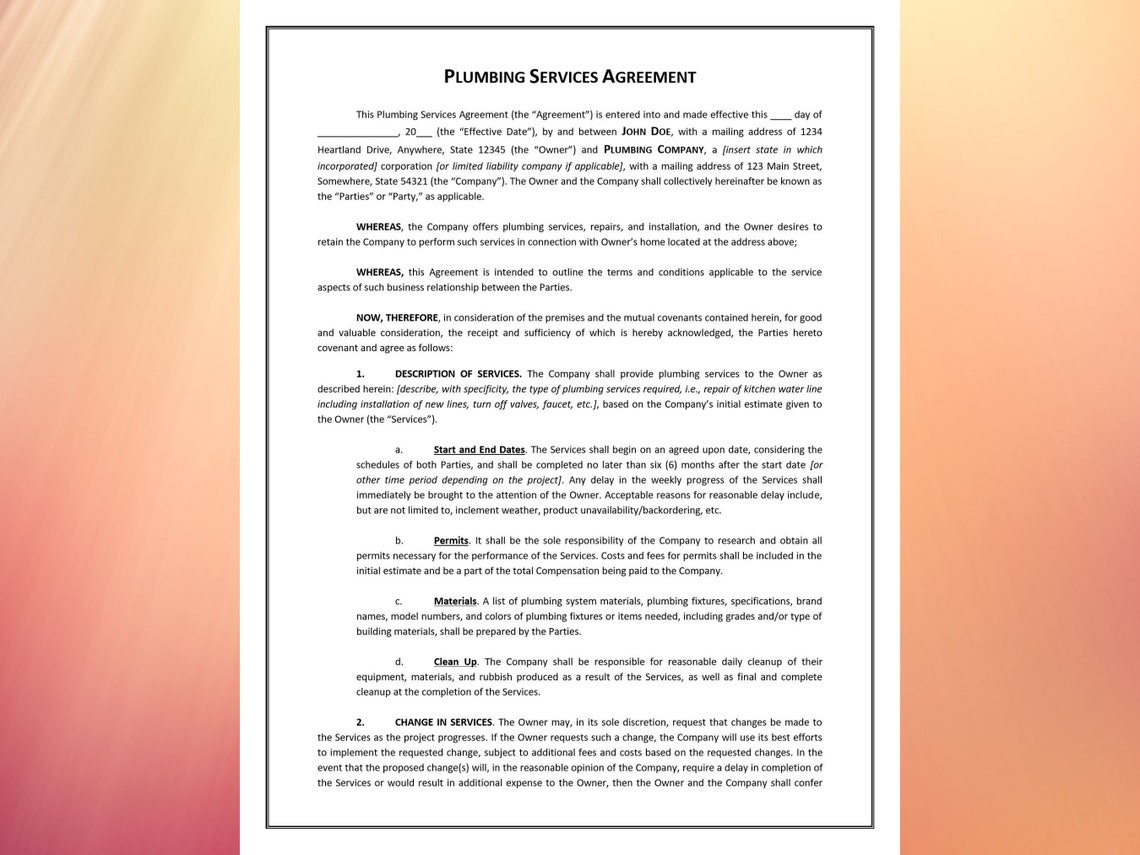 Plumbing Contract Template | Plumbing Services | Construction Project ...