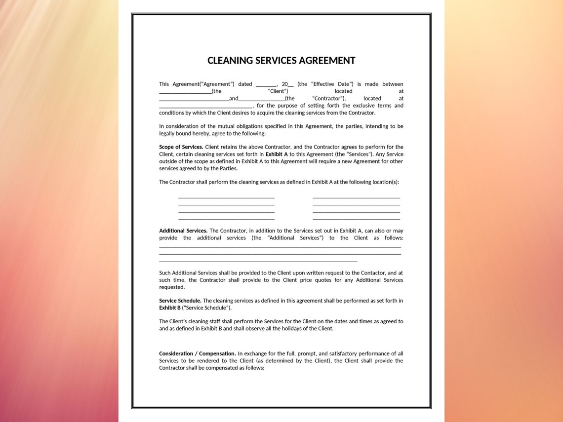 Cleaning Services Contract Template Cleaning Agreement - Etsy Canada