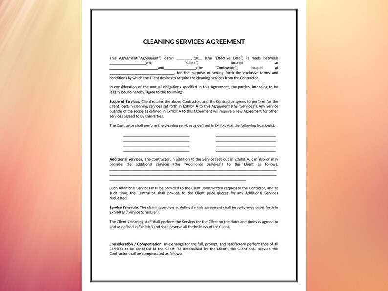 Cleaning Services Contract Template Cleaning Agreement - Etsy Canada