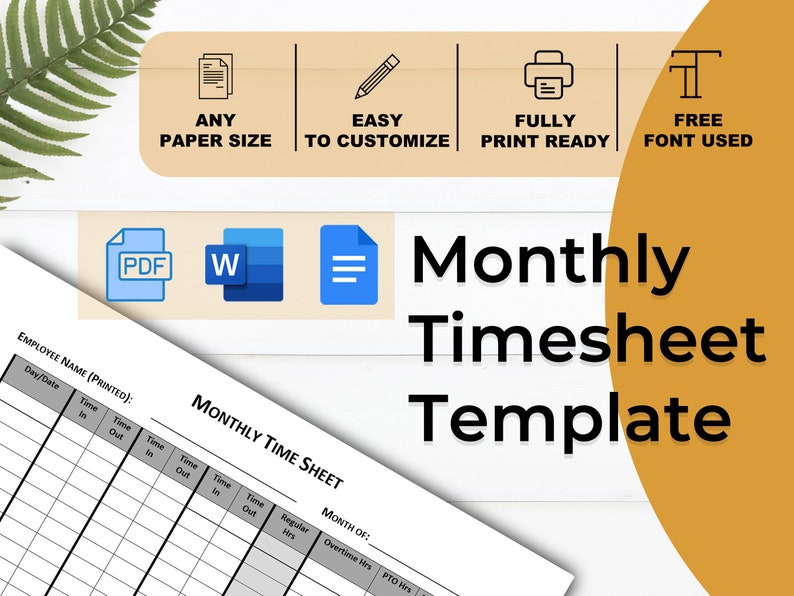 Printable Monthly Timesheet Template: Editable Time Tracker (digital ...
