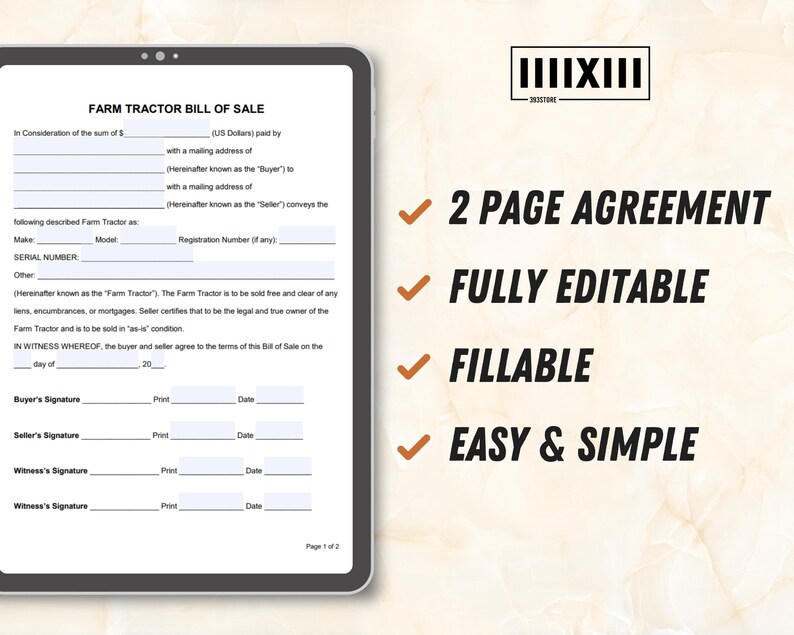 Farm Tractor Bill of Sale Form Legal Document for Selling Tractors ...