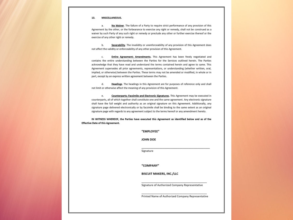 Restaurant Employment Contract Template | Bartender | Food Service ...