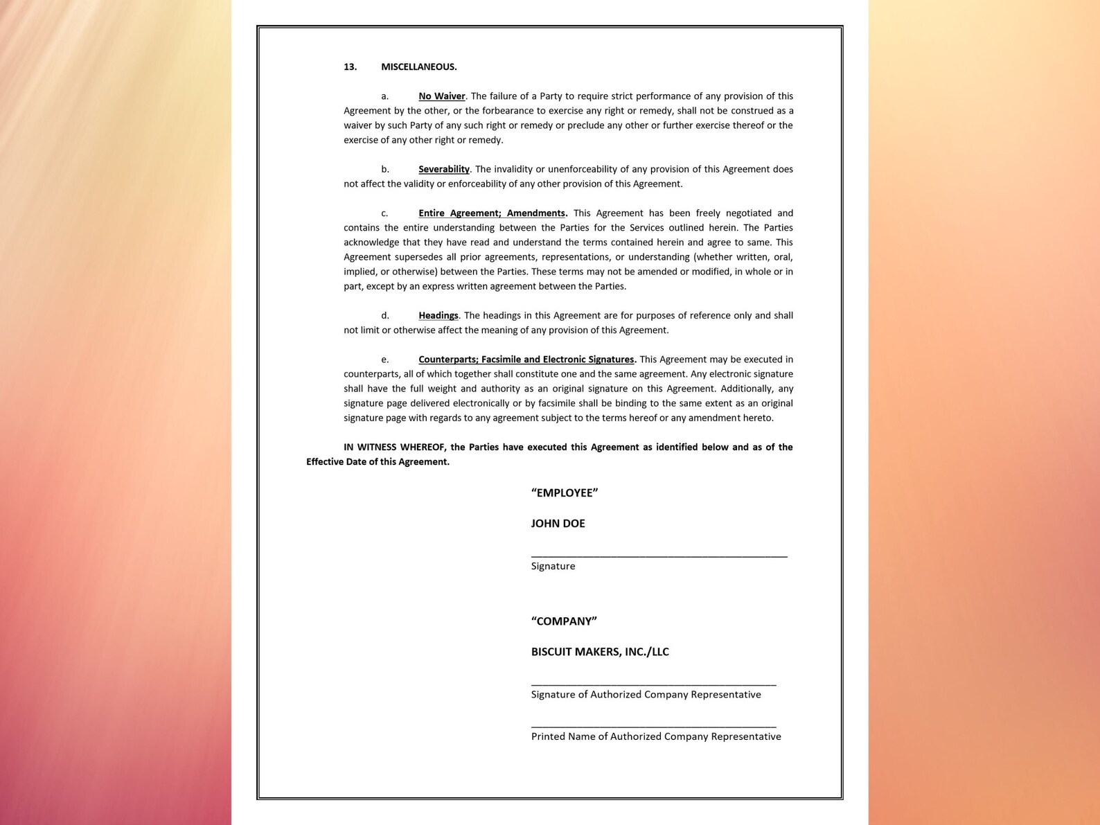 Restaurant Employment Contract Template | Bartender | Food Service ...