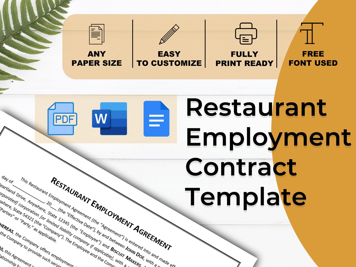 Restaurant Employment Contract Template | Bartender | Food Service ...