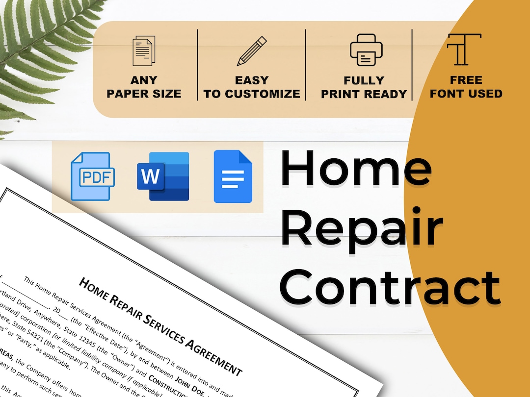 Home Repair Contract Template | Editable | Instent Download | Digital ...