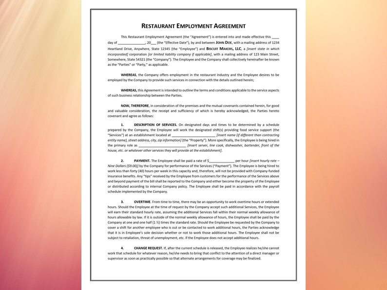 Restaurant Employment Contract Template | Bartender | Food Service ...