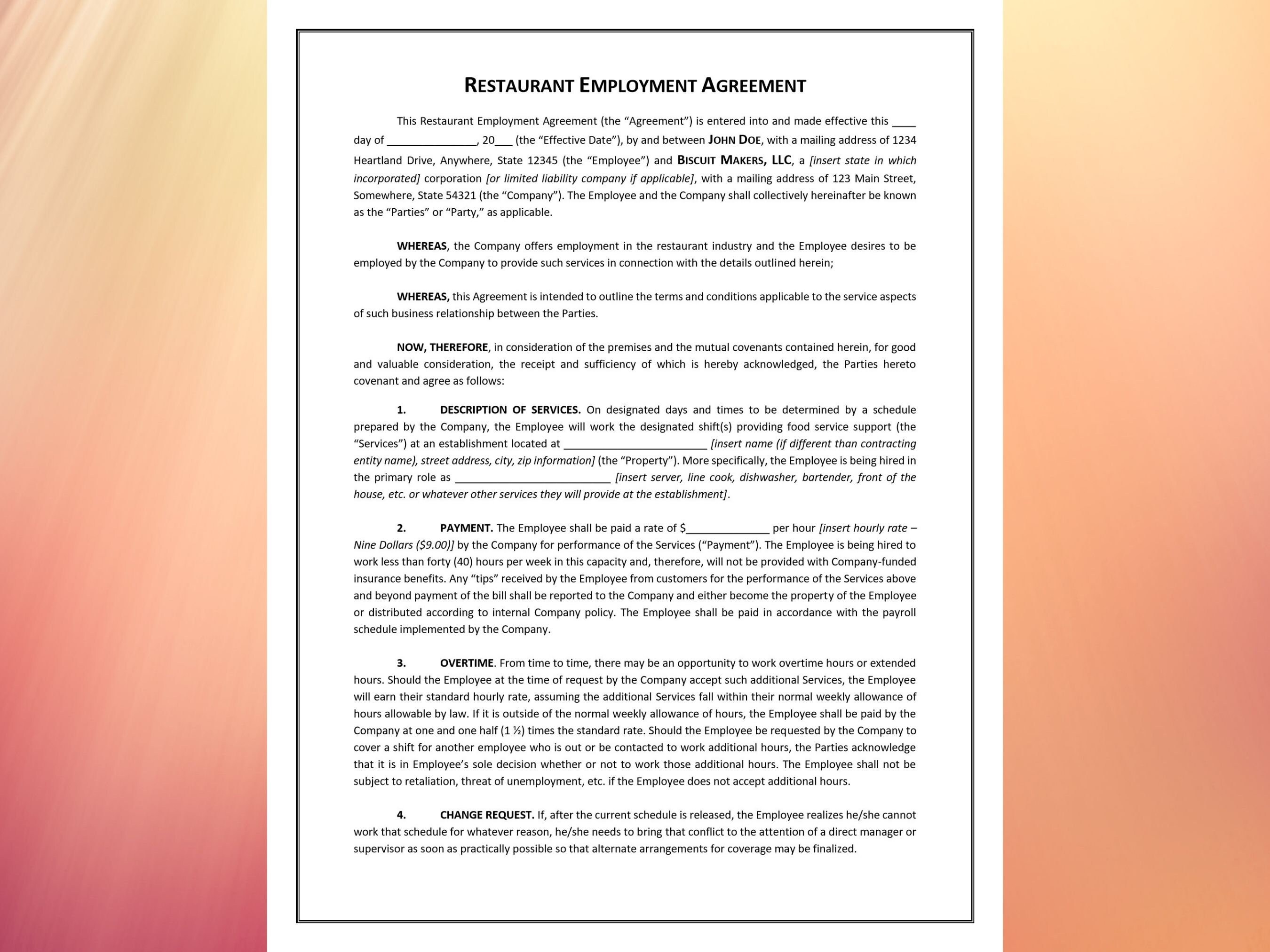 Restaurant Employment Contract Template Bartender Food Service Catering ...