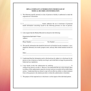 HIPAA Compliant Release Form Template Medical Records Template Records ...