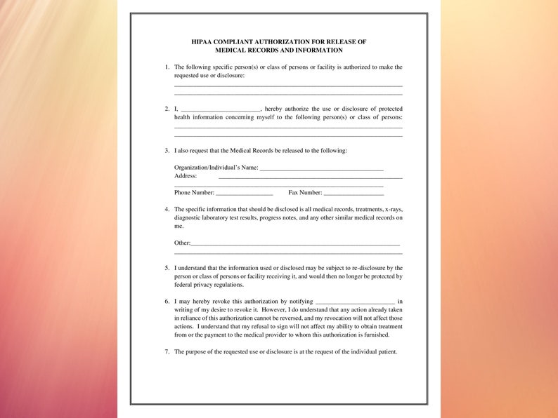 HIPAA Compliant Release Form Template Medical Records Template Records ...