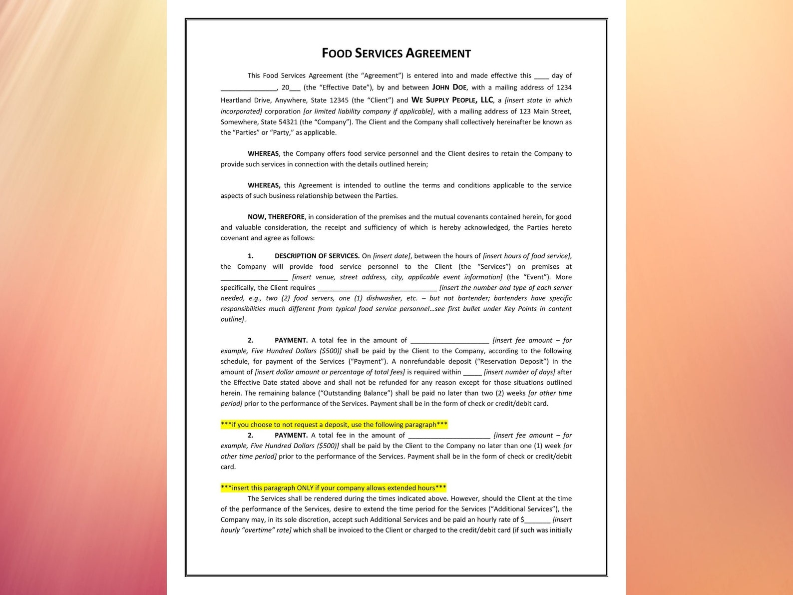 Food Services Contract Template | Food Service Provider | Restaurant ...