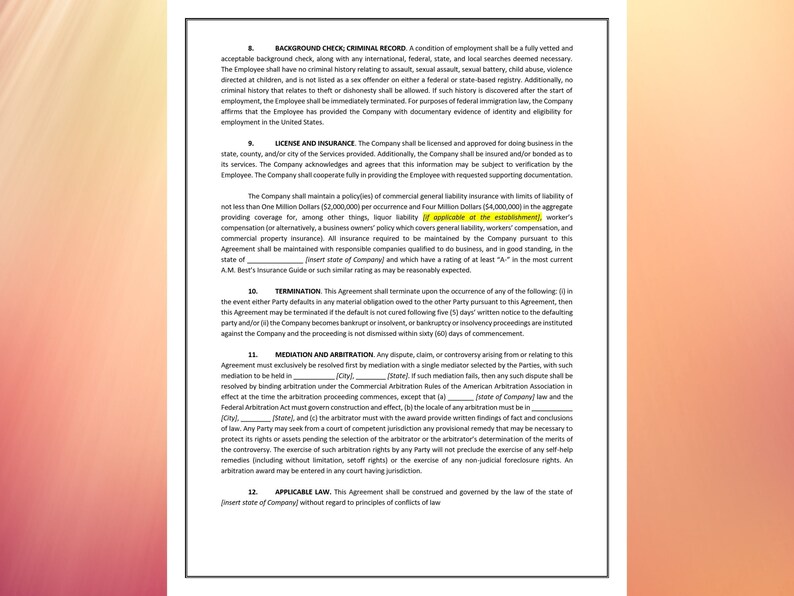 Restaurant Employment Contract Template | Bartender | Food Service ...