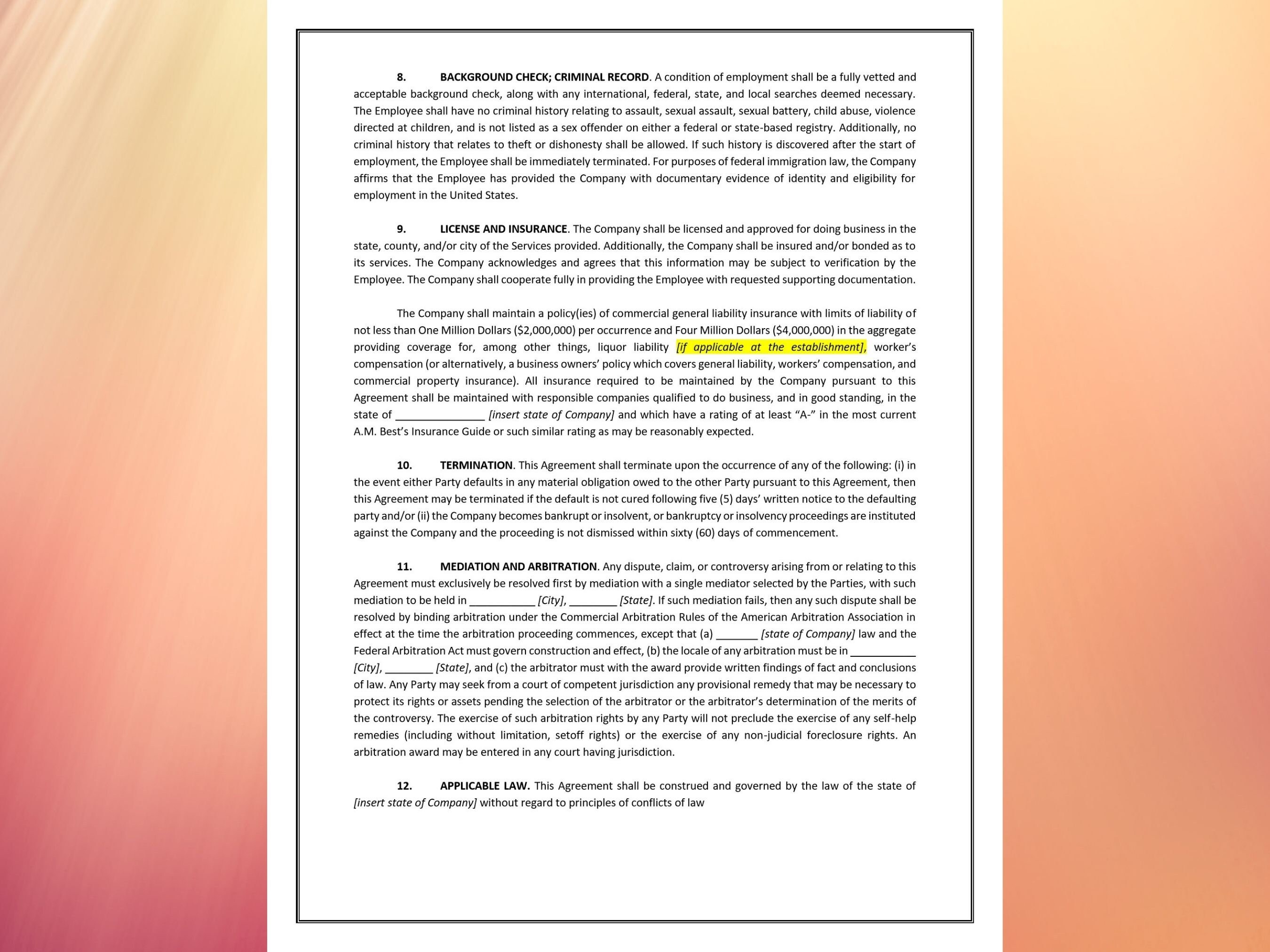 Restaurant Employment Contract Template Bartender Food Service Catering ...