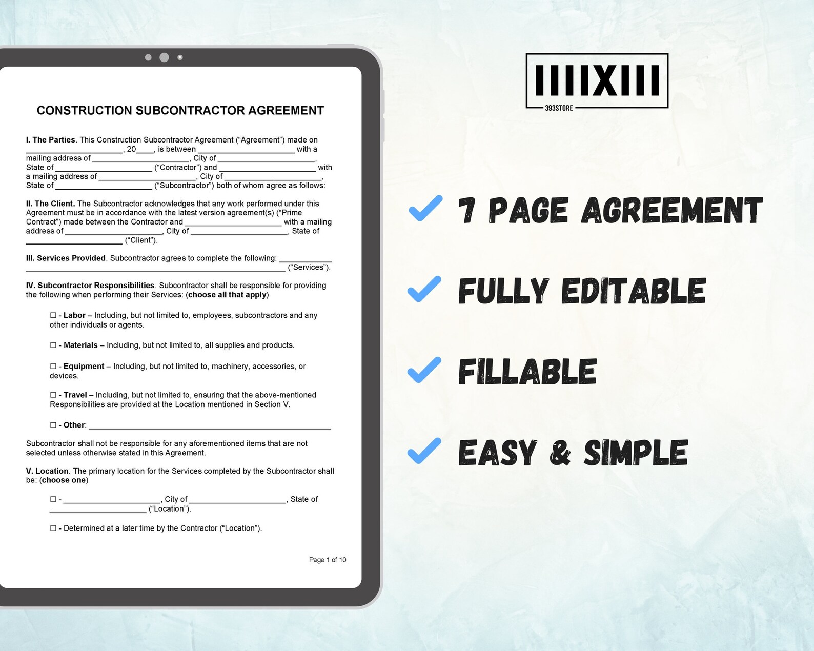 Professional Construction Subcontractor Agreement Template - Custom-fit ...