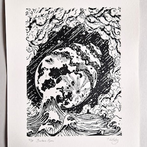 Broken Moon - Original Lino Print - Etsy