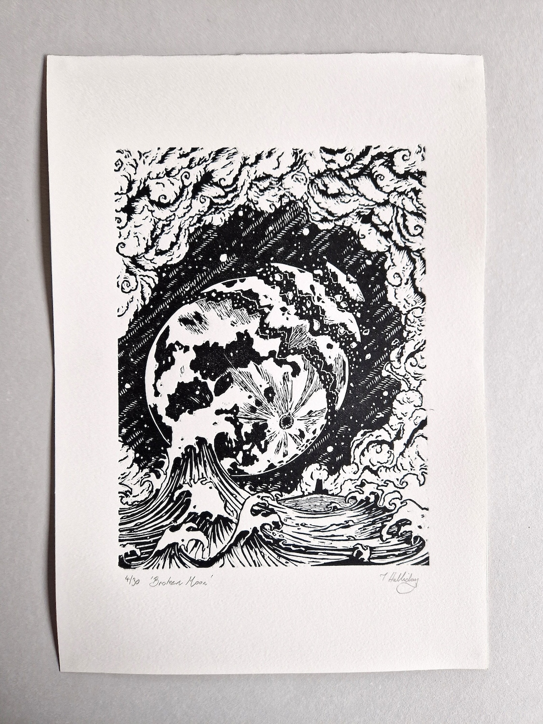 Broken Moon - Original Lino Print - Etsy