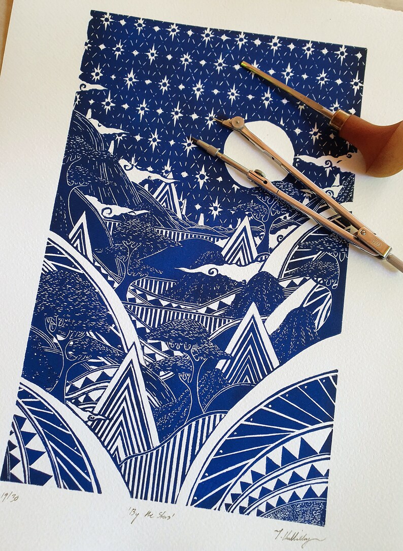 By the Stars - Original Lino Print - Etsy