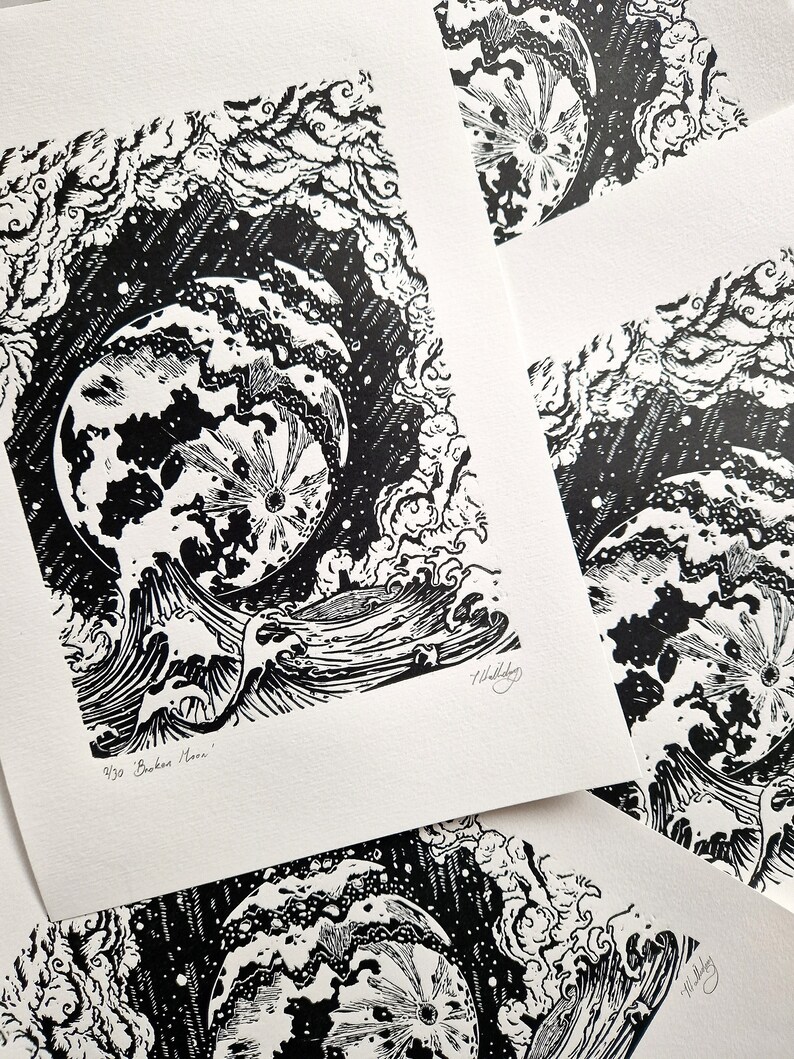 Broken Moon - Original Lino Print - Etsy